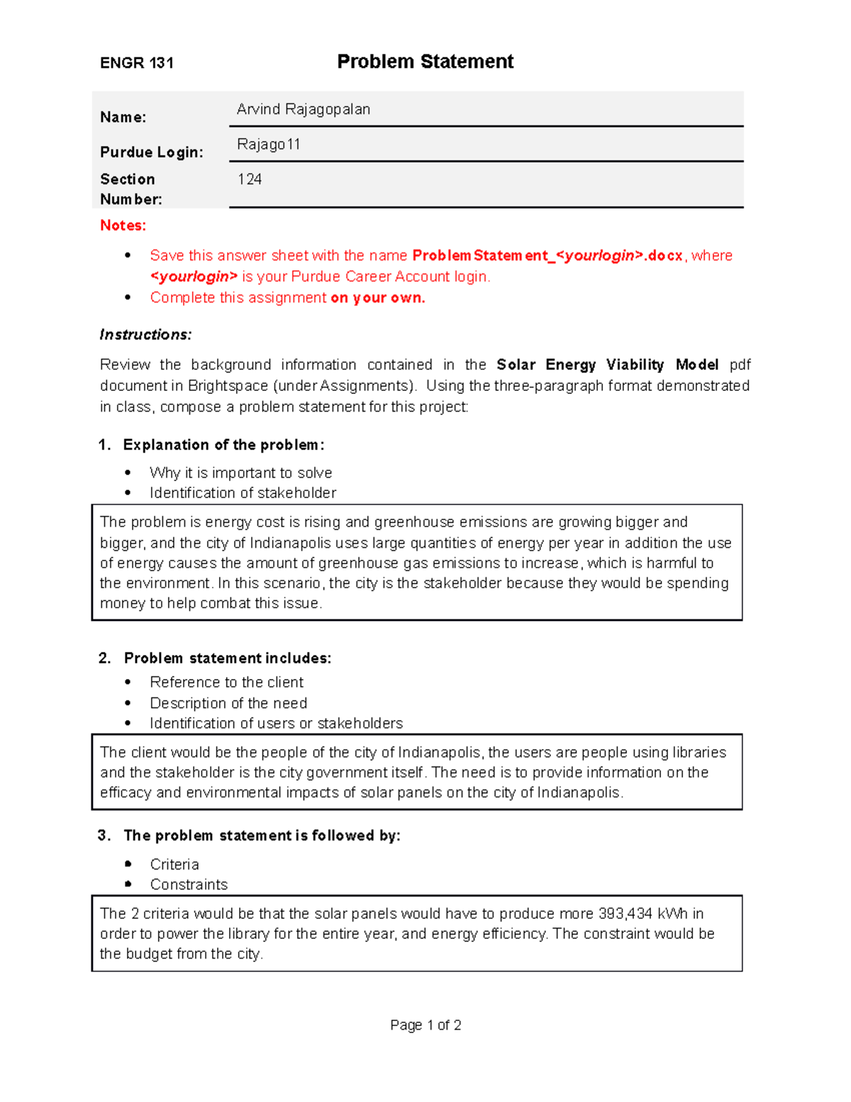 Problem Statement Activity - ENGR 131 Problem Statement Name: Arvind ...