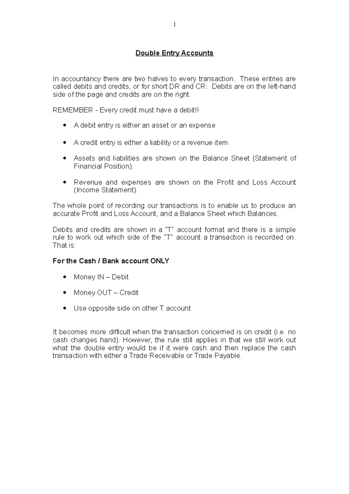 Lect 2 - Double Entry Bookkeeping - Handout - 1 Double Entry Accounts ...