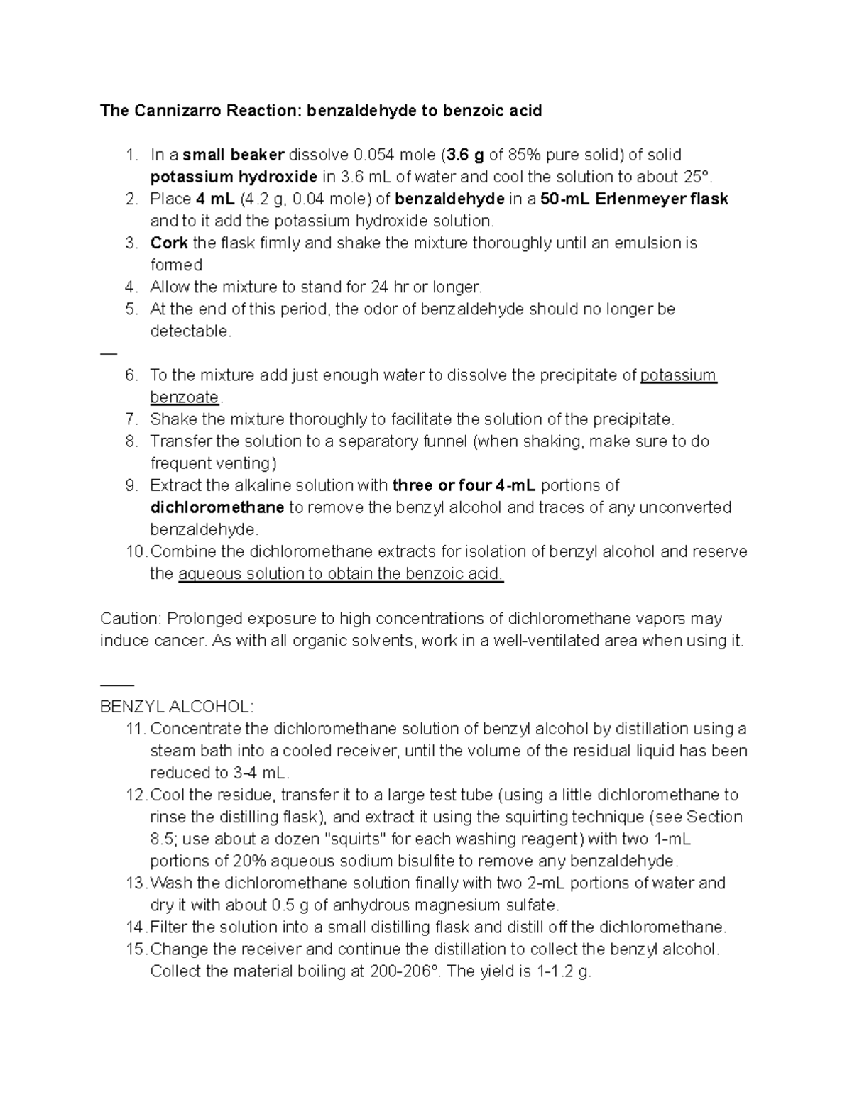 The Cannizzaro Reaction- benzaldehyde to benzoic acid and benzyl ...