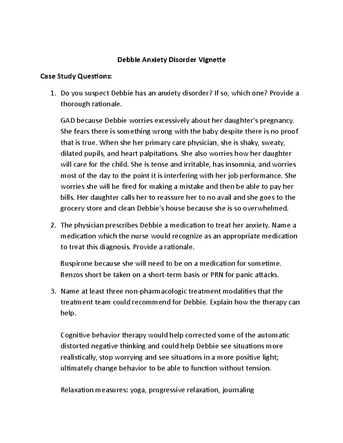 Answer Key Debbie Anxiety Disorder Vignette - Debbie Anxiety Disorder ...
