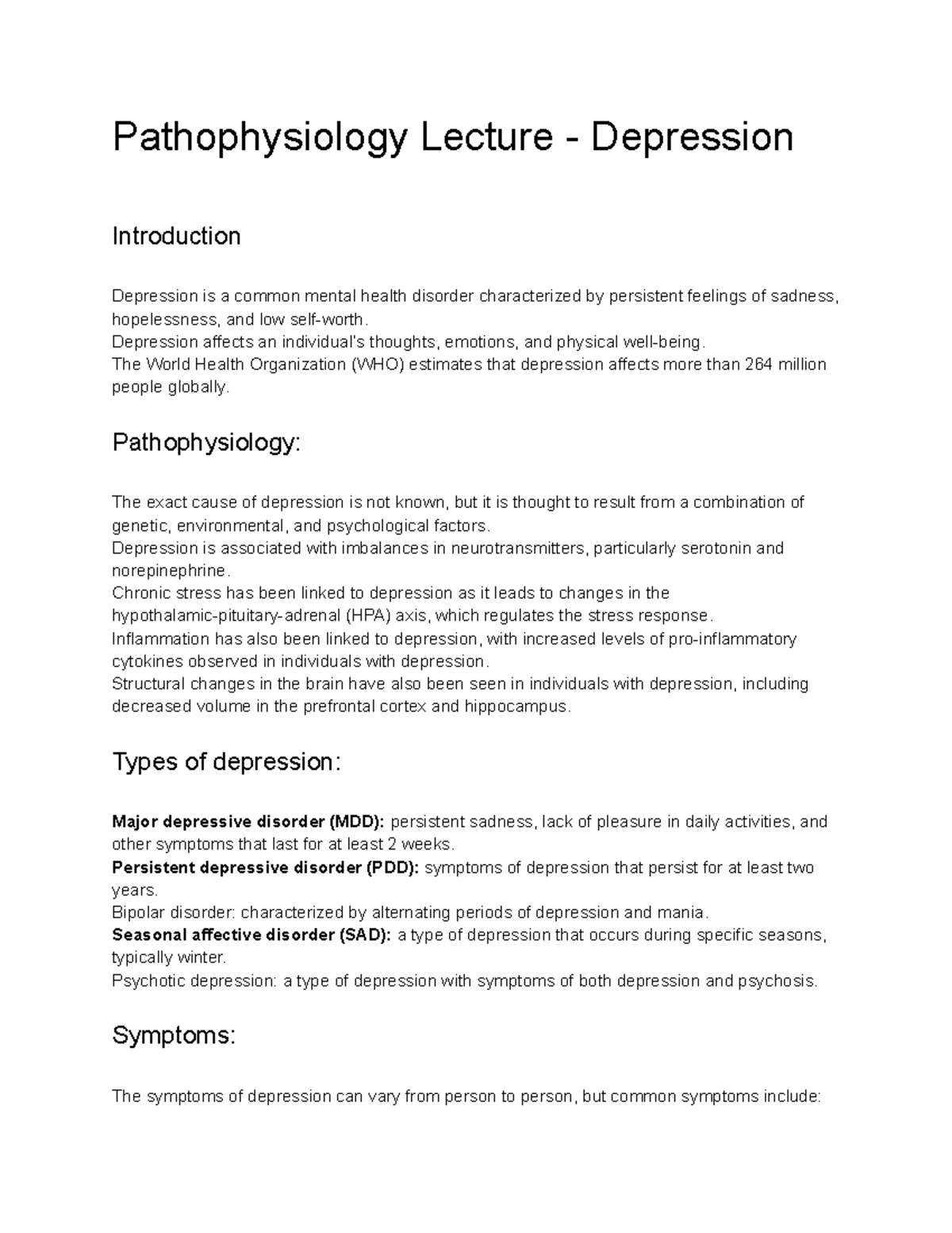 Pathophysiology (NUR 322) Lecture 40 - Depression - Pathophysiology ...