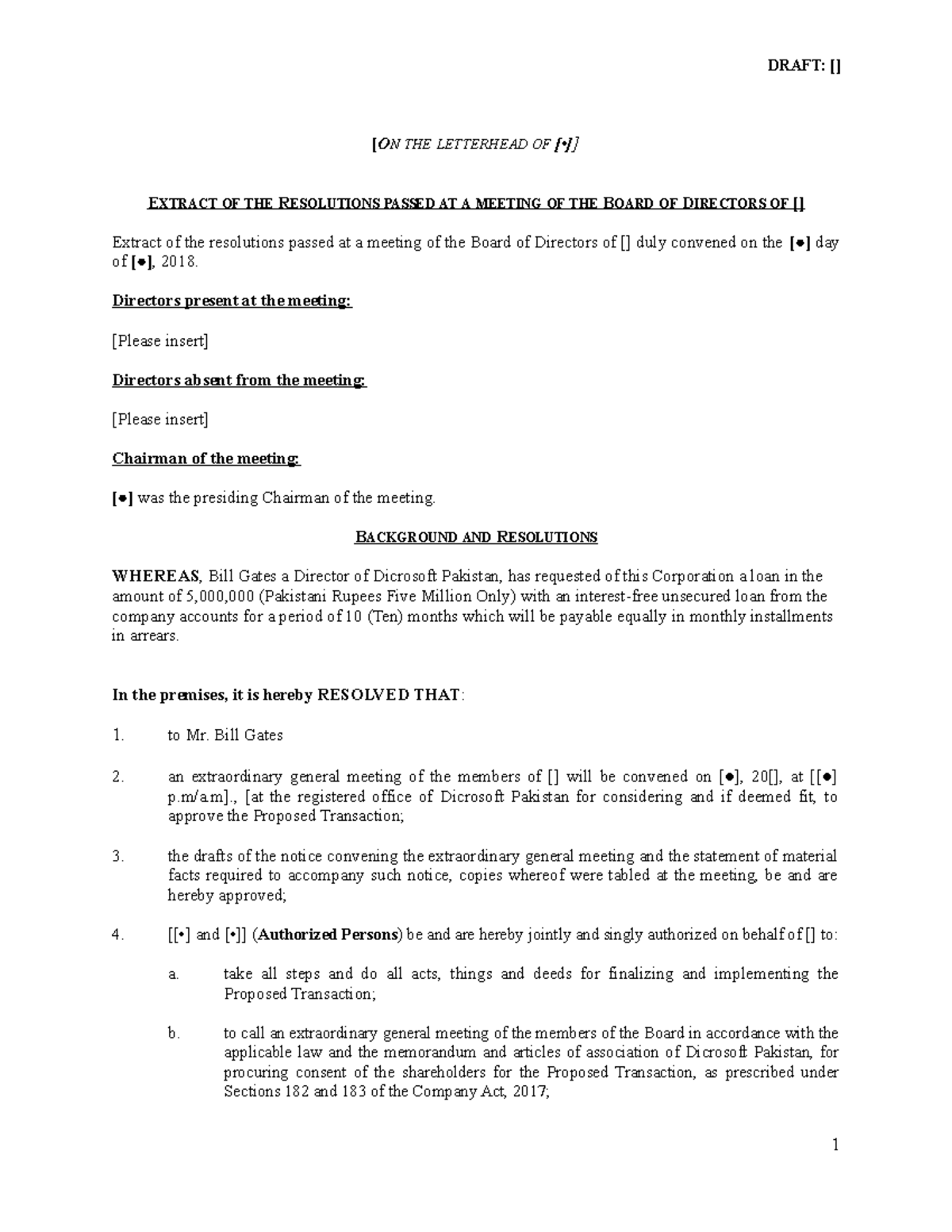 Board Resolution - copy - DRAFT: [] [ON THE LETTERHEAD OF [•]] EXTRACT ...