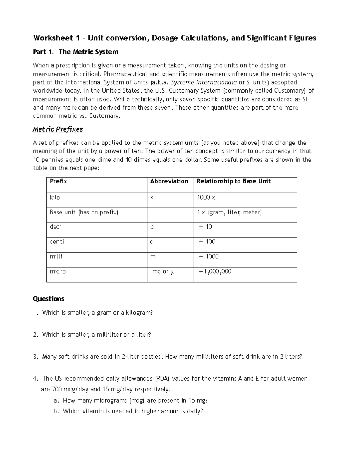 1-Conversions and Sigfigs-1 - Worksheet 1 – Unit conversion, Dosage Calculations, and ...