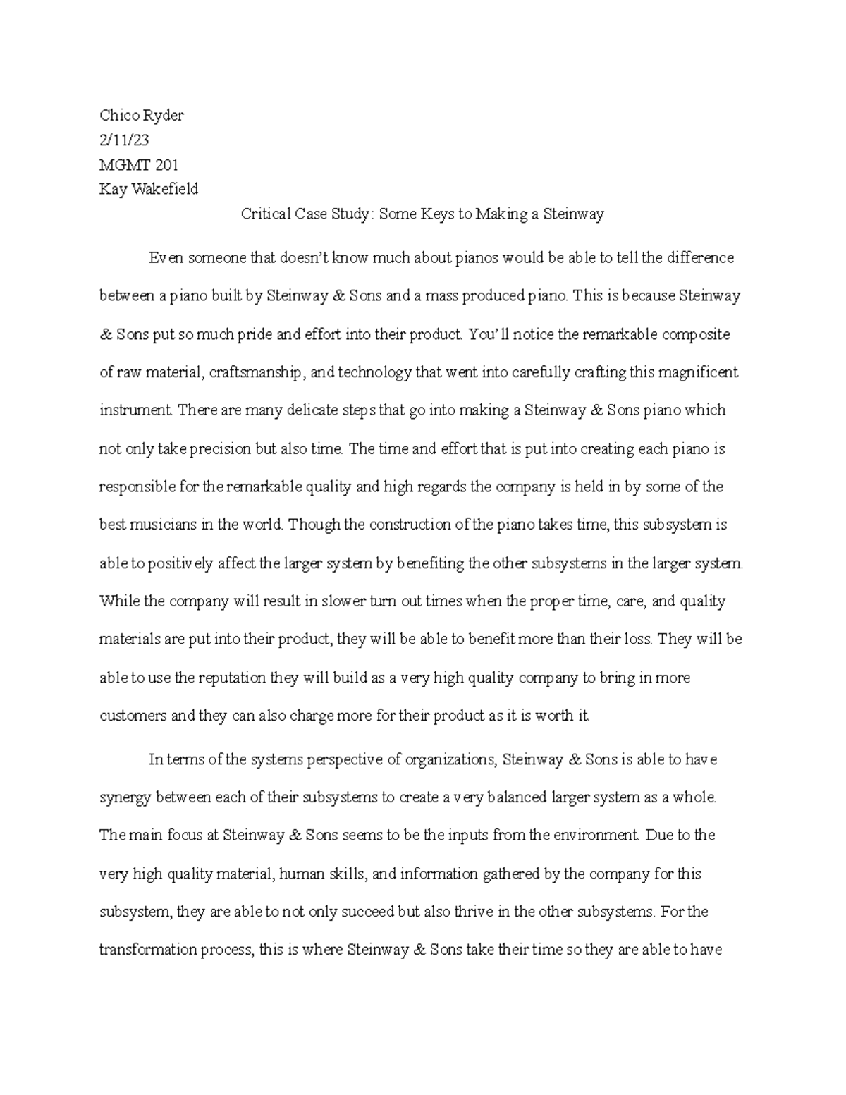 Critical Case Study: Making a Steinway - Studocu