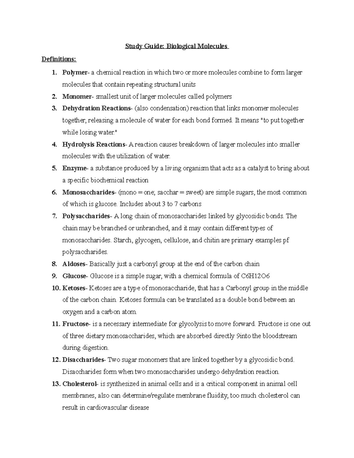 Study Guide 3 - Study Guide: Biological Molecules Definitions: 1 ...