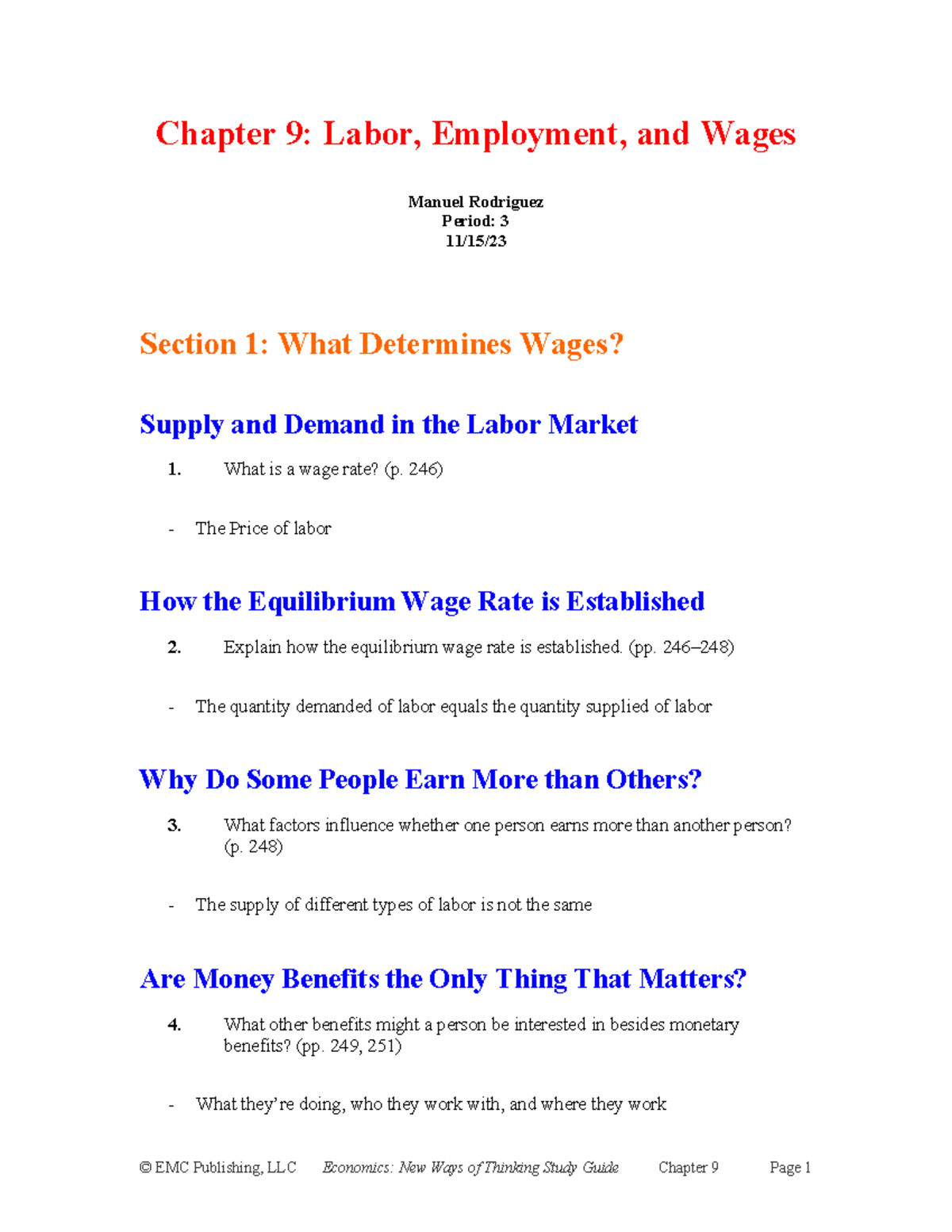 Chapter 9 Guided Reading - Chapter 9: Labor, Employment, and Wages ...