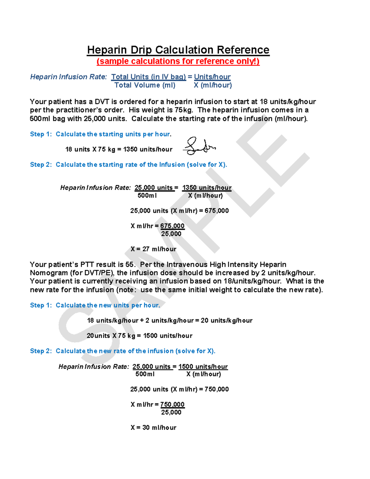 Heparin drip calculation reference - Heparin Drip Calculation Reference ...