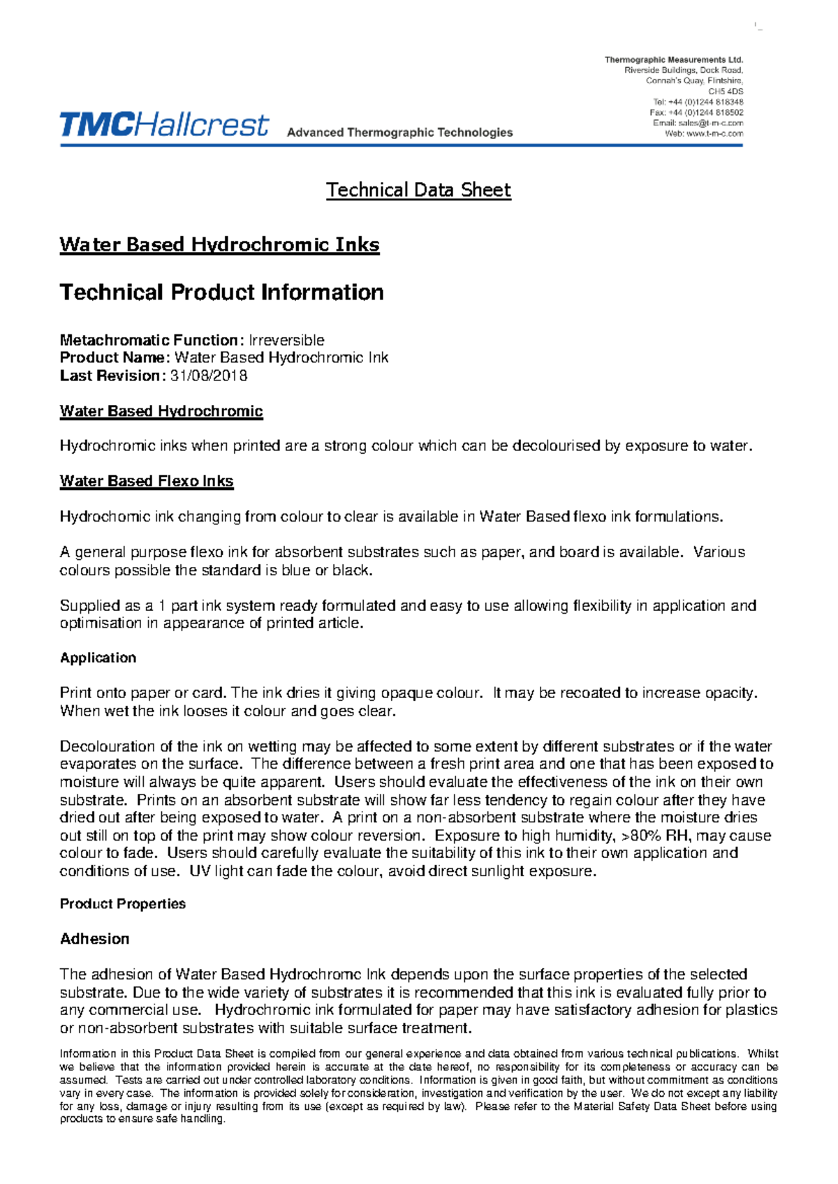 Hydrochromic Water Based Ink TDS 2018 - Information in this Product ...