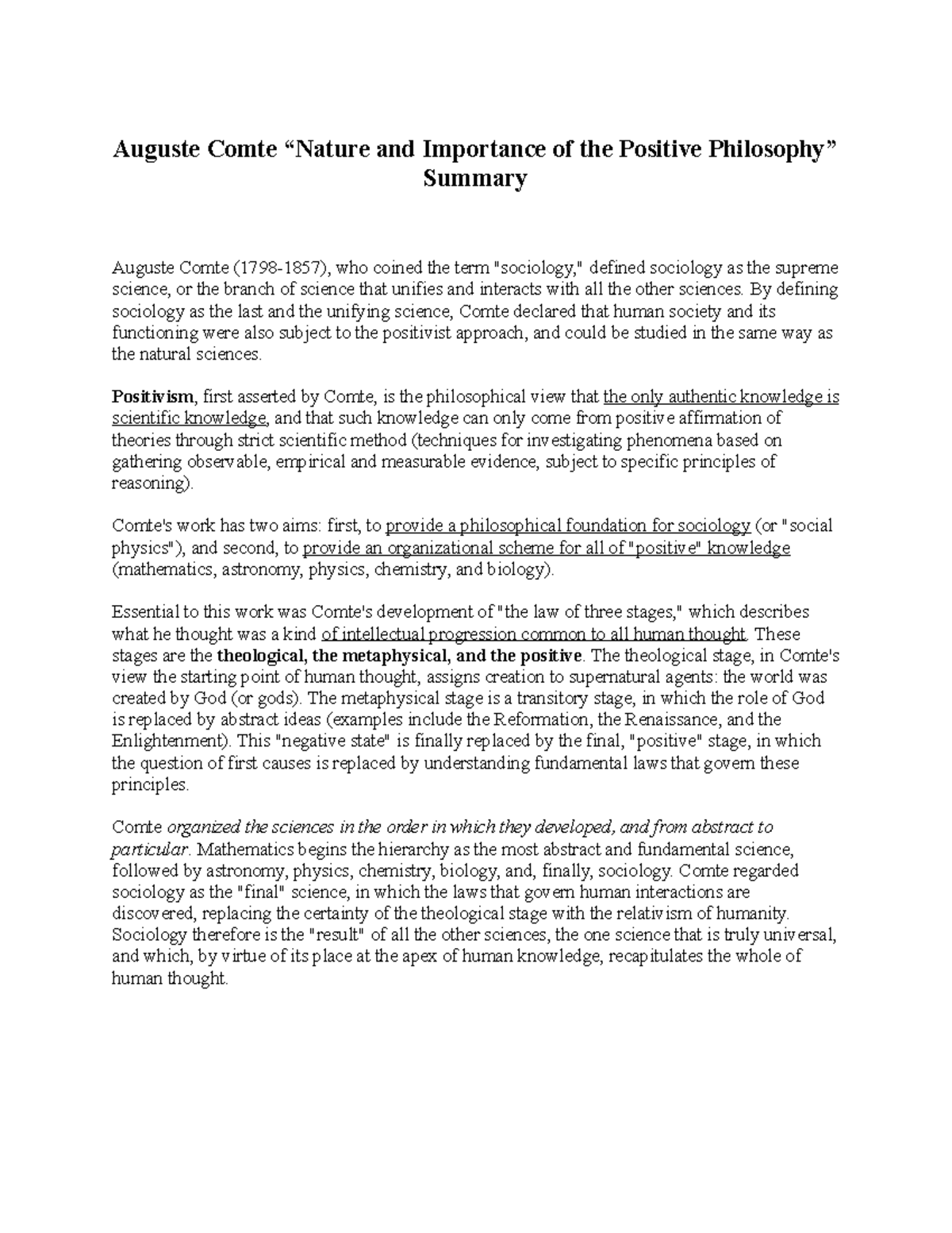 Auguste Comte Summary - phil - Auguste Comte “Nature and Importance of ...