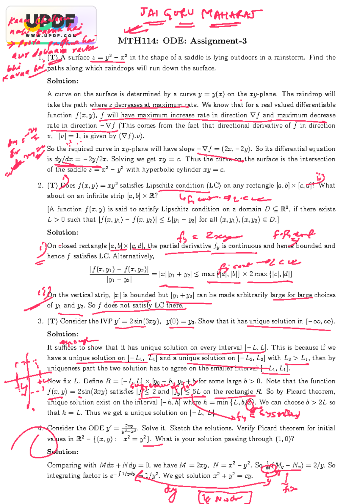 Assignment 3 solutions - MTH114: ODE: Assignment- (T) A surface z = y 2 − x 2 in the shape of a ...