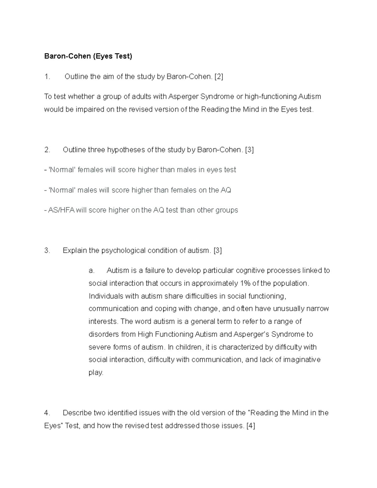Baron-Cohen (Eyes Test) notes - Baron-Cohen (Eyes Test) Outline the aim ...