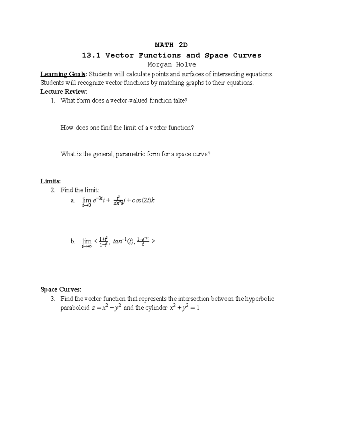 13 1 Vector Functions And Space Curves Math 2d 13 Vector Functions