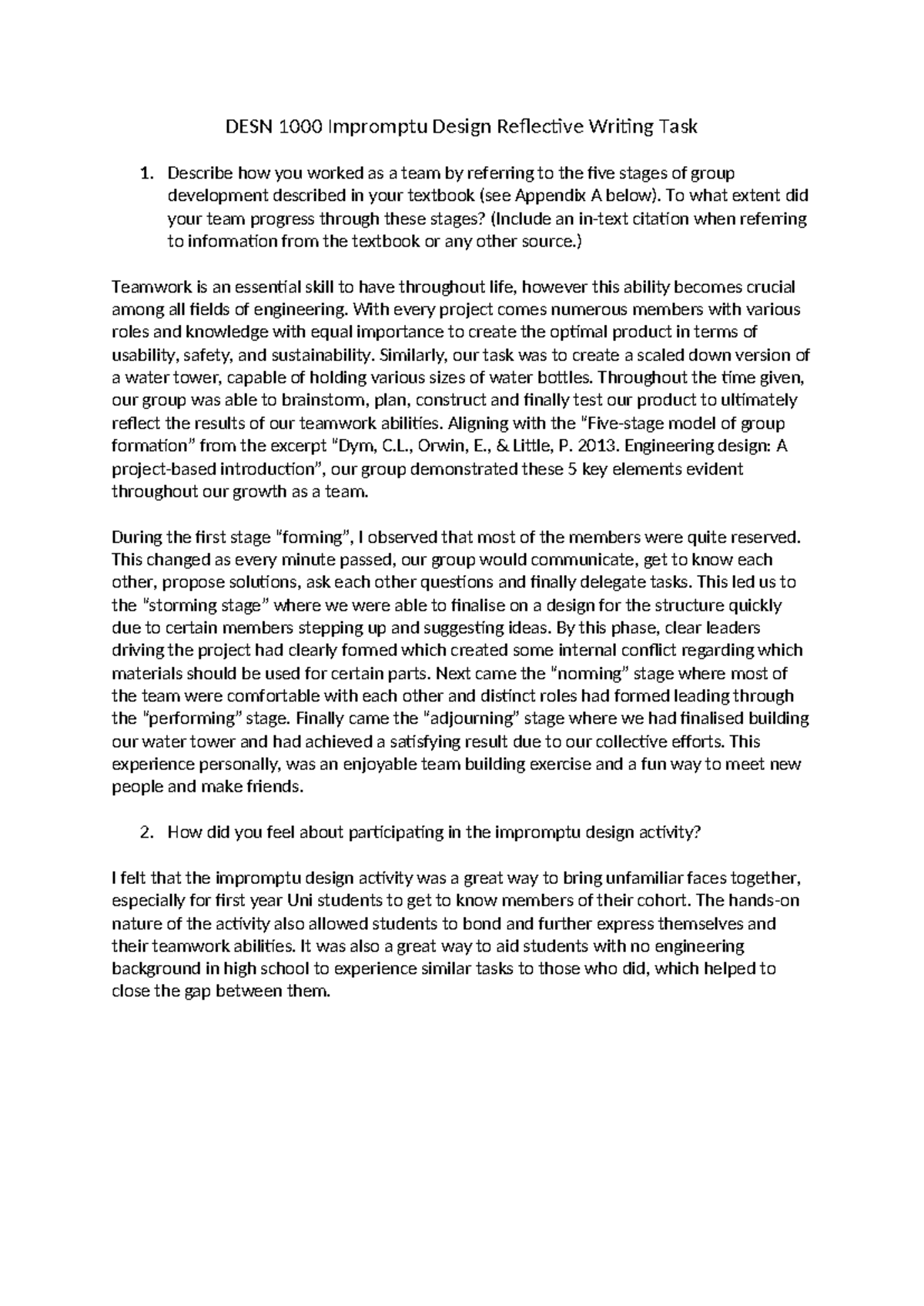 DESN 1000 Reflection - DESN 1000 Impromptu Design Reflective Writing ...