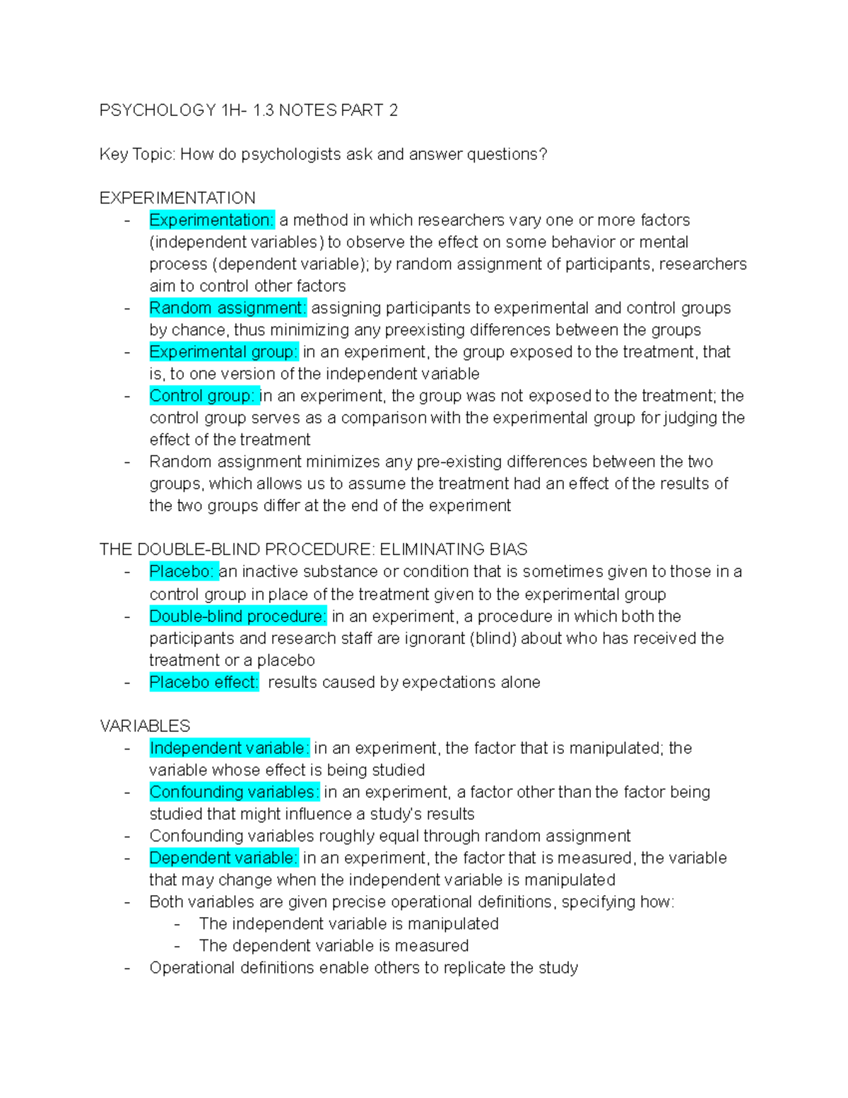 Psychology 1H 1.3 Notes Part 2 - PSYCHOLOGY 1H- 1 NOTES PART 2 Key ...