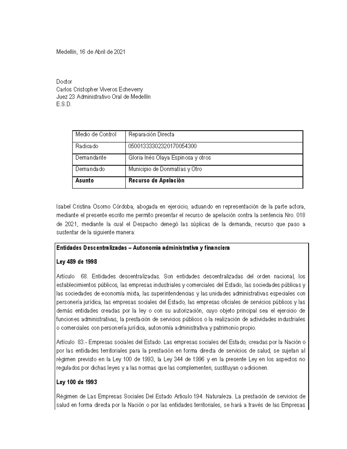 11. Recurso de Apelación Gloria Olaya 2017 - 00543 - MedellÌn, 16 de ...