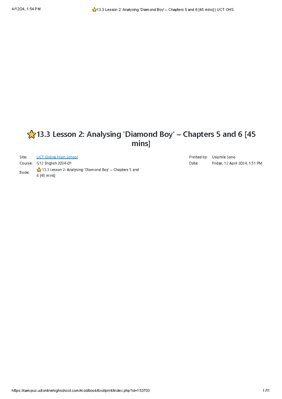 ⭐13.3 Lesson 2 Analysing 'Diamond Boy' – Chapters 5 and 6 [45 mins] UCT OHS - ⭐13 Lesson 2 ...