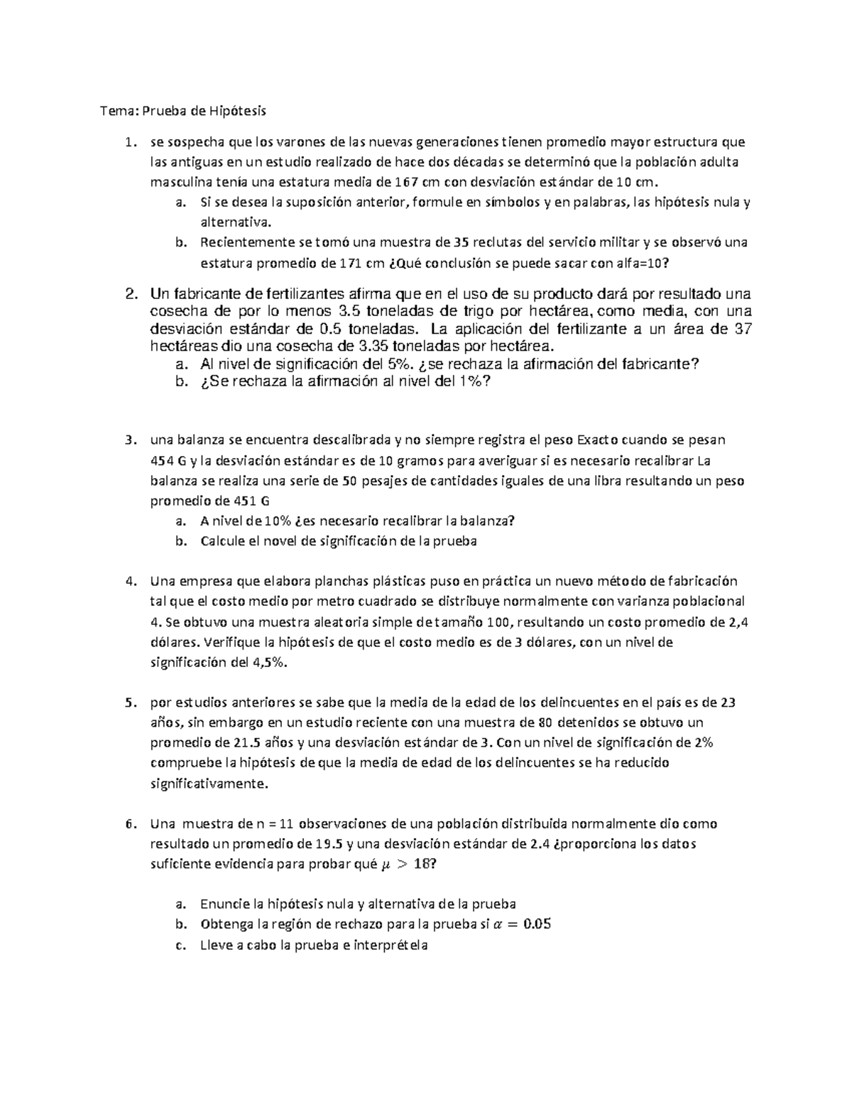 Tema; Prueba hipotesis EJERCICIOS PRACTICOS - Tema: Prueba de Hipótesis ...