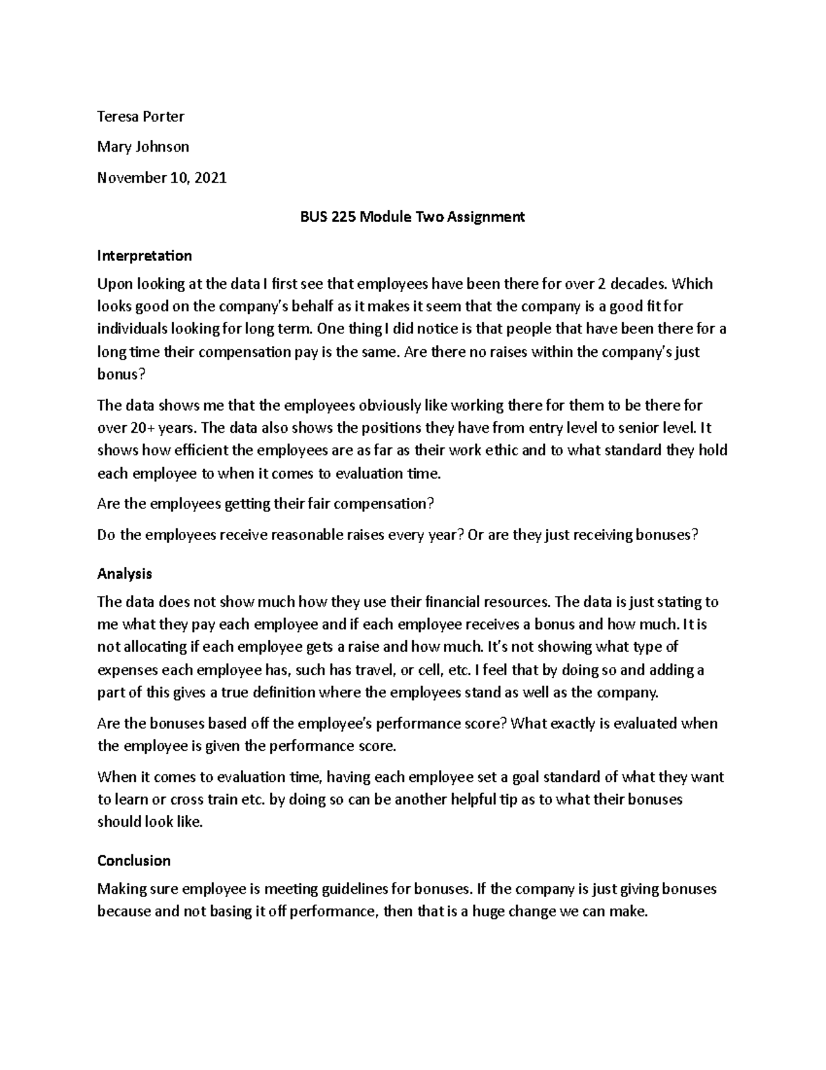 BUS225 Module Two Assignment - Teresa Porter Mary Johnson November 10 ...