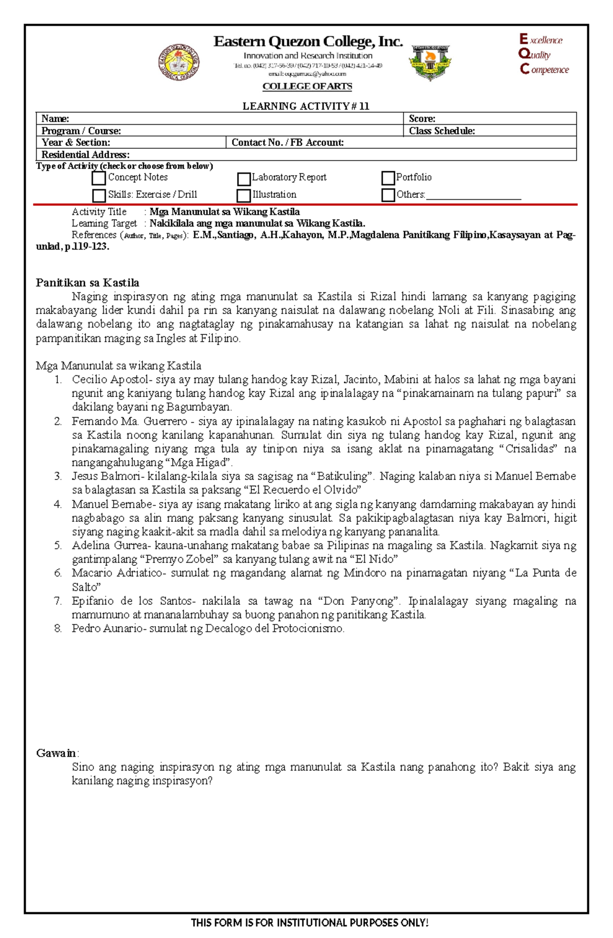 Panitikang- Filipino-2 LAS Semi - Name: Score: Program / Course: Class ...