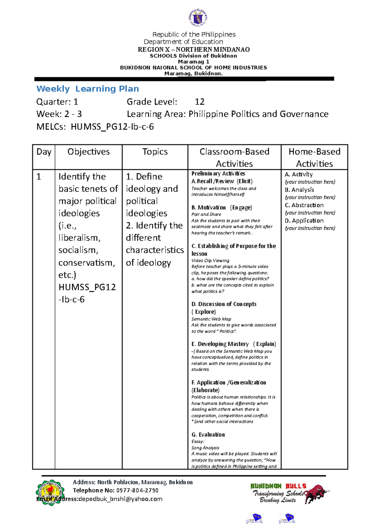 2nd week ppg New-Weekly-Learning-Plan-for-SHS-Teachers - Department of Education REGION X ...