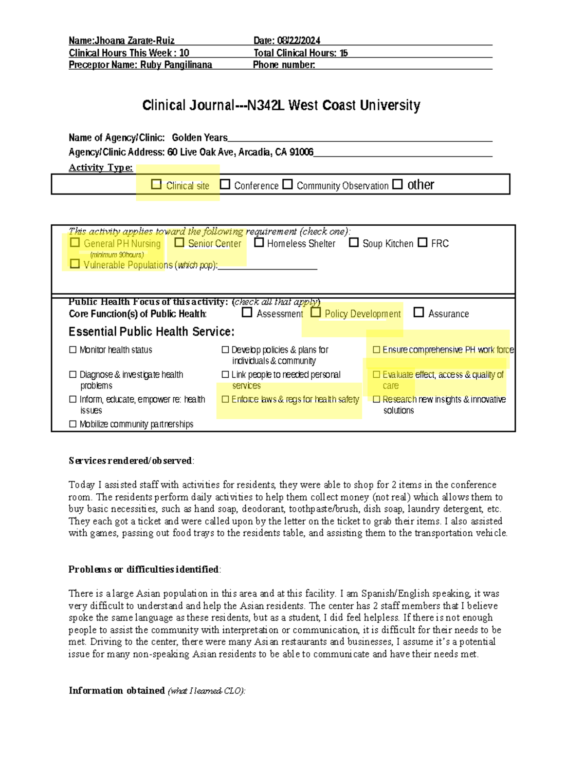 Journal week 1 - Name:Jhoana Zarate-Ruiz Date: 08/22/ Clinical Hours ...