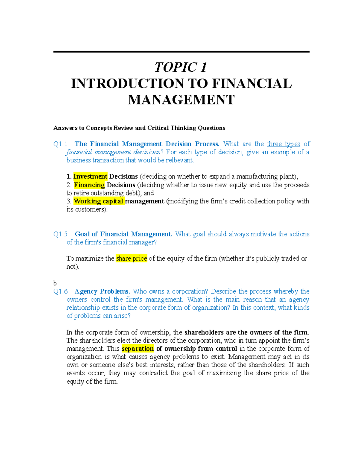 introduction to finance tutorial questions 2022 - International ...