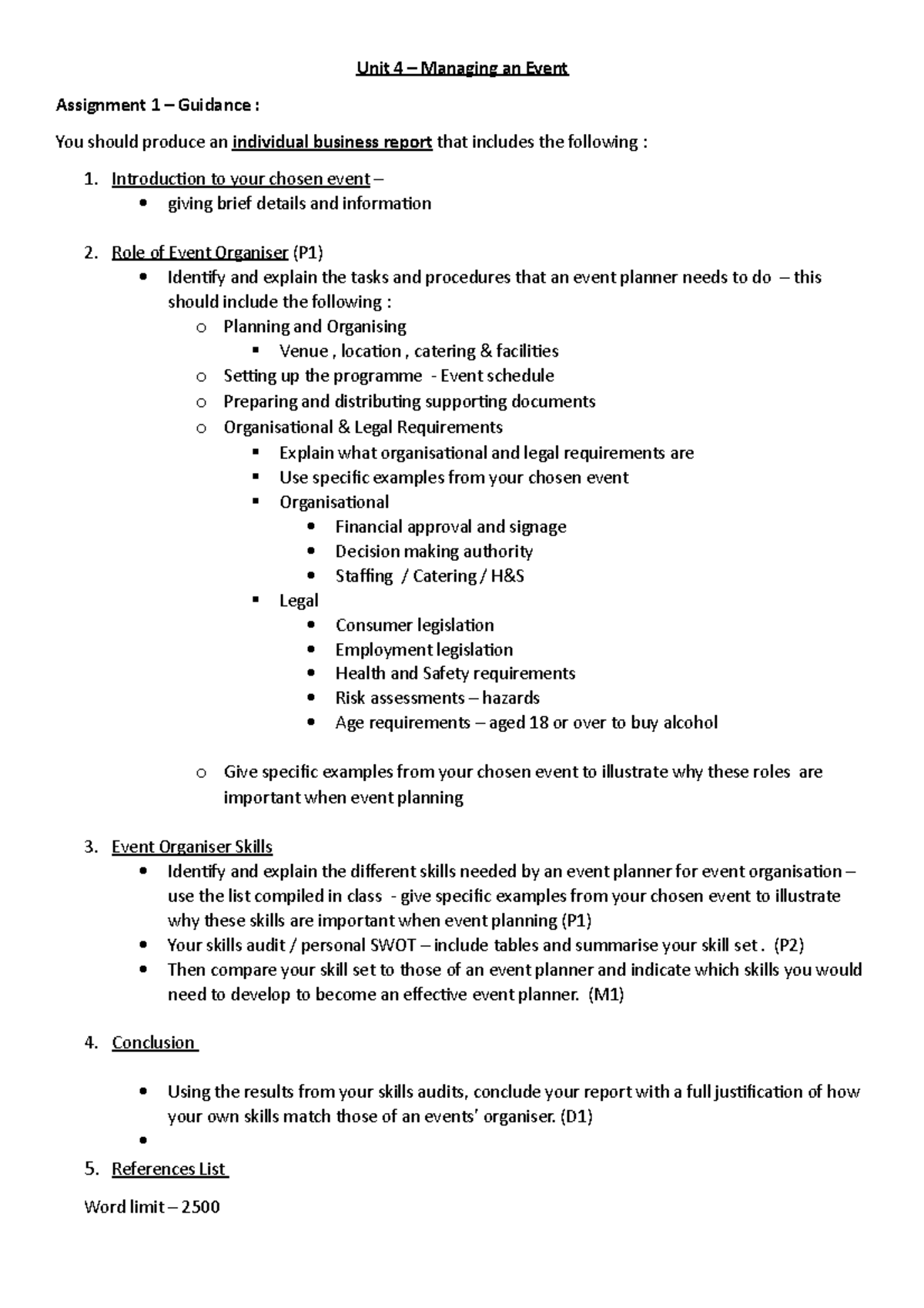 Unit 4 - ME - Assignment 1 - Guidance sheet - Unit 4 – Managing an Event Assignment 1 – Guidance ...