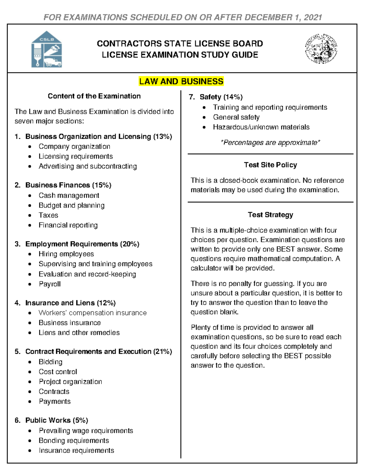 Law Study Guide - FOR EXAMINATIONS SCHEDULED ON OR AFTER DECEMBER 1 ...
