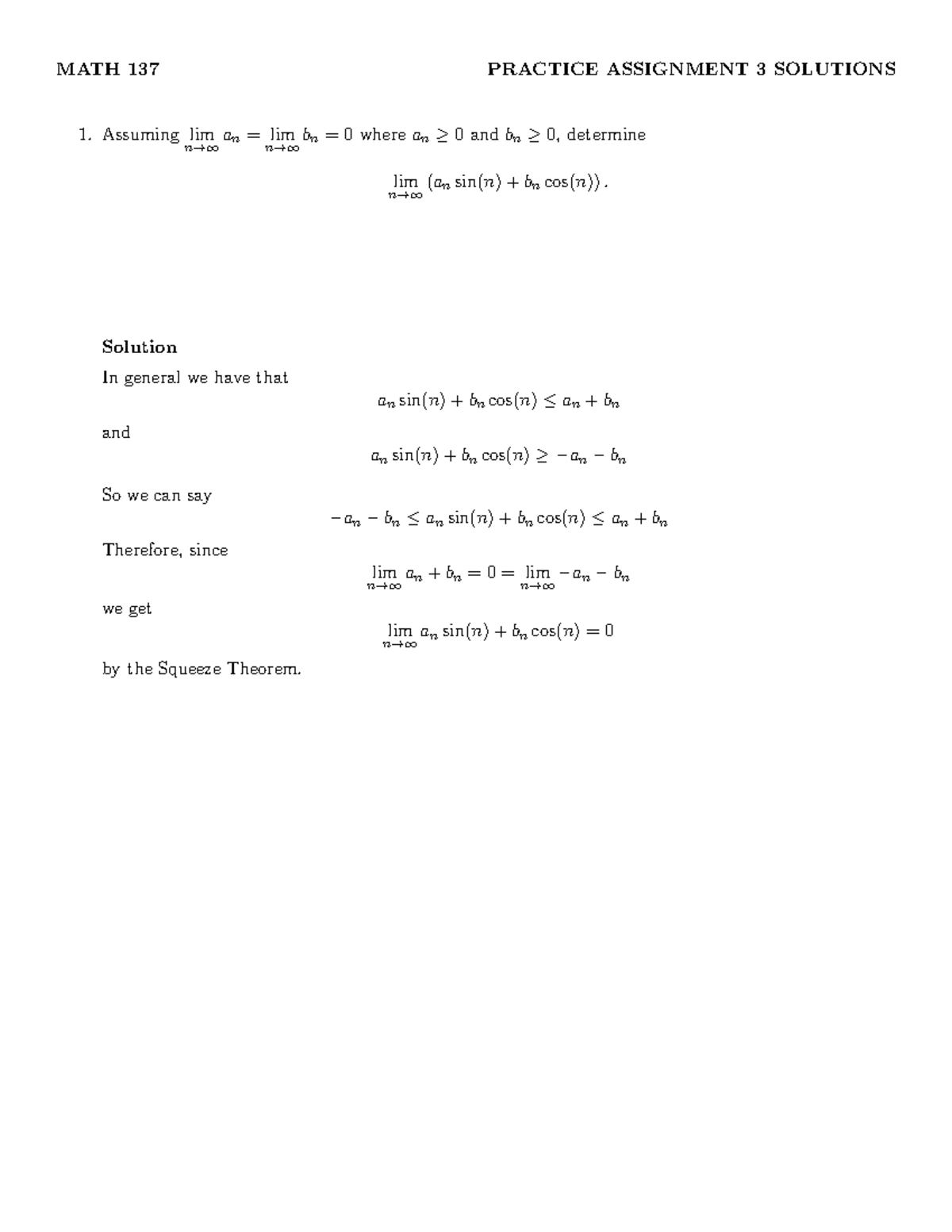 Assign 3 - 137 - F19 Solutions Corrected Typos - MATH 137 PRACTICE ...