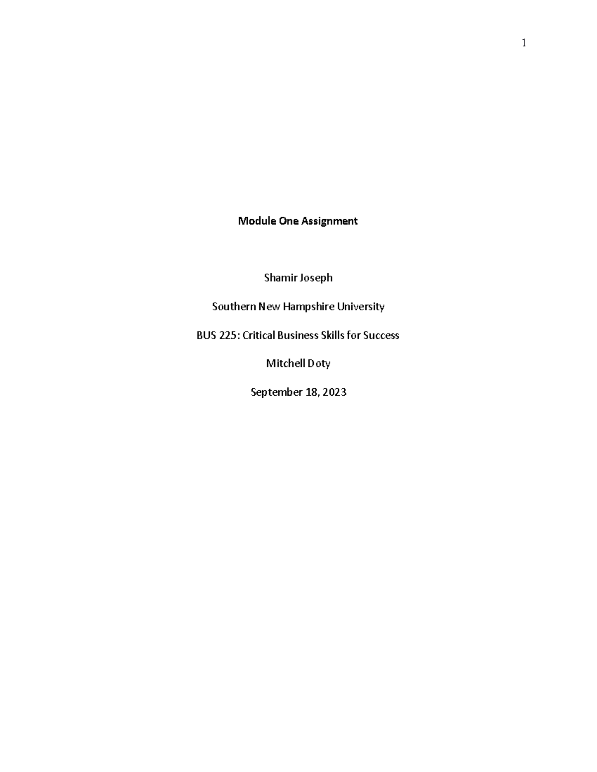 BU 225 Module 1 assignment - Module One Assignment Shamir Joseph Southern New Hampshire ...