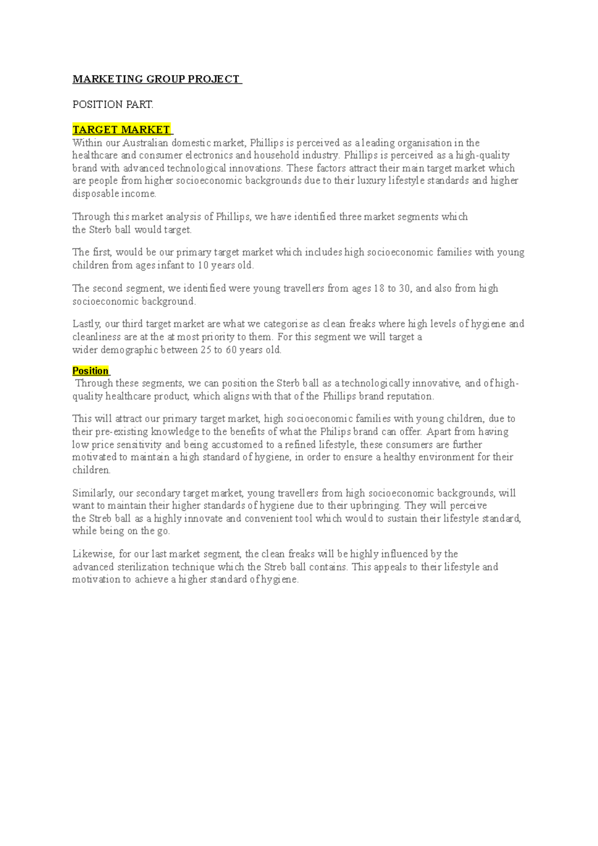 Marketing Group Project - MARKETING GROUP PROJECT POSITION PART. TARGET ...