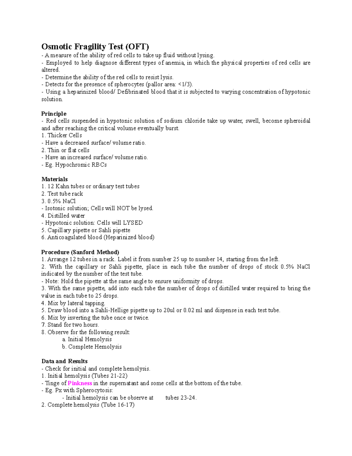 Osmotic Fragility Test (OFT) - Employed to help diagnose different ...