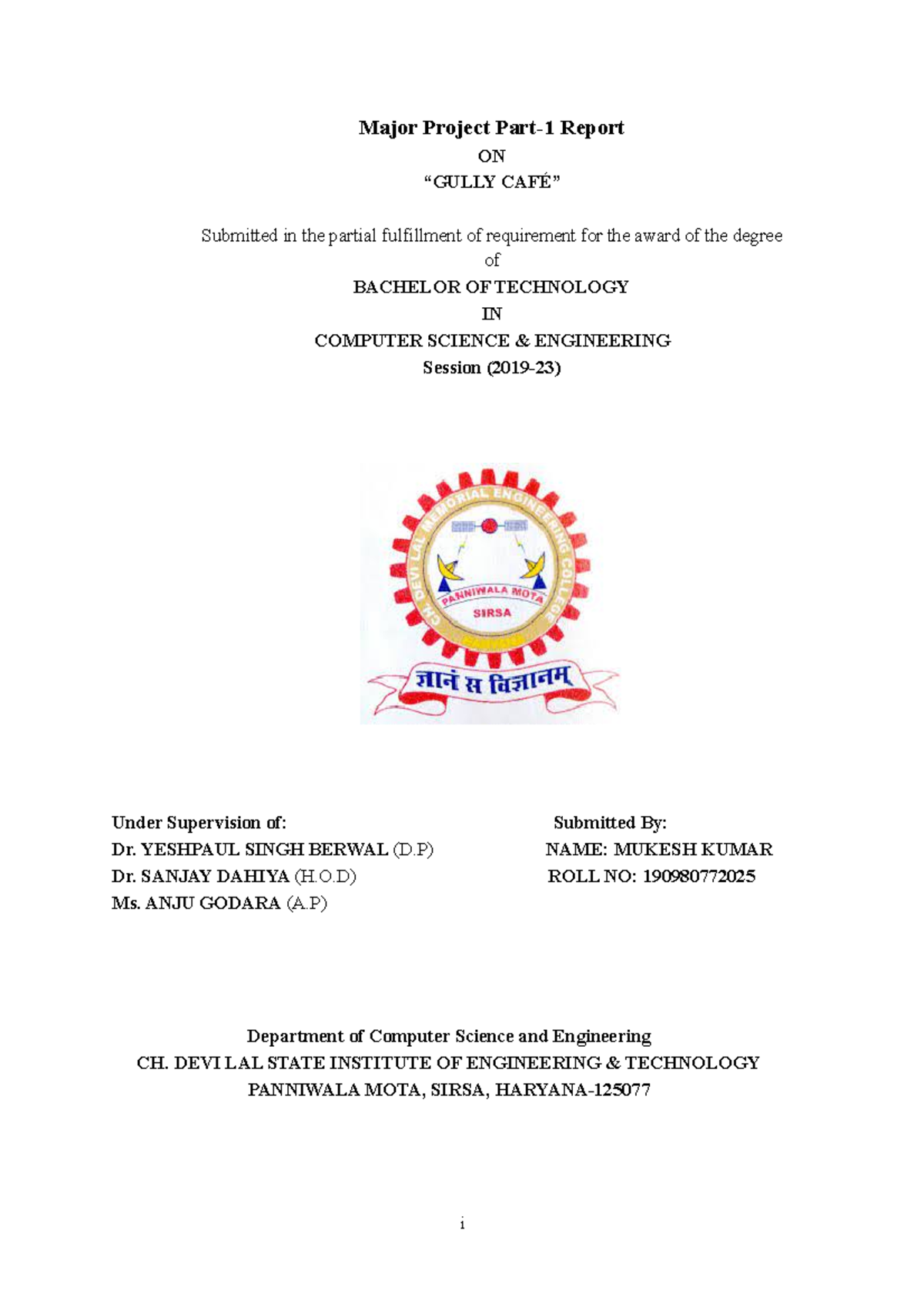 Final major - Copy - Copy - Copy - Major Project Part-1 Report ON “GULLY CAFÉ” Submitted in the ...