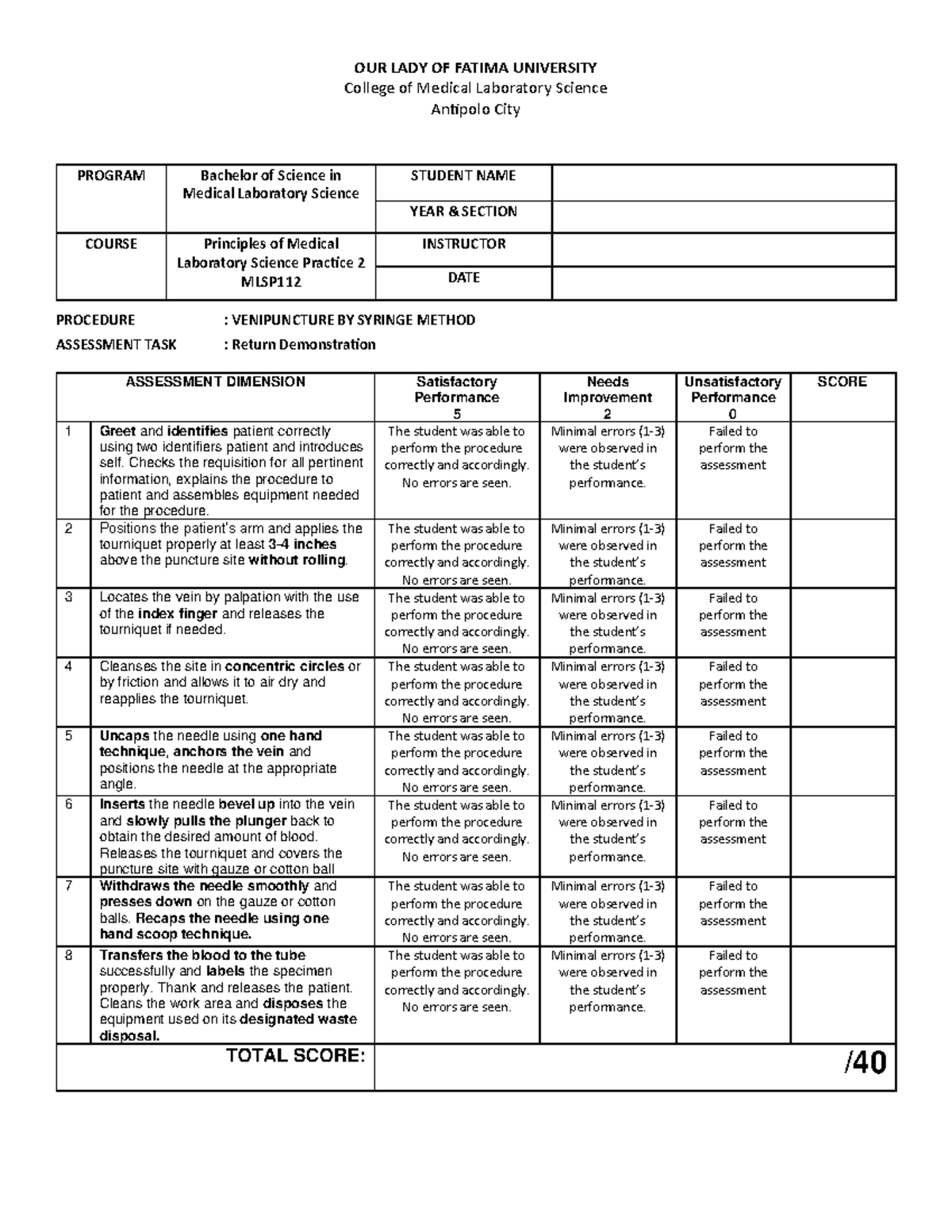 Syringe Method Rubrics - OUR LADY OF FATIMA UNIVERSITY College of ...