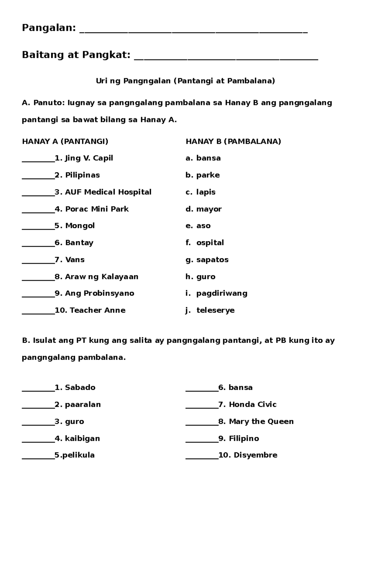 URI NG Pangngalan-FIL2 - Pangalan: _______________________________________________ Baitang at ...