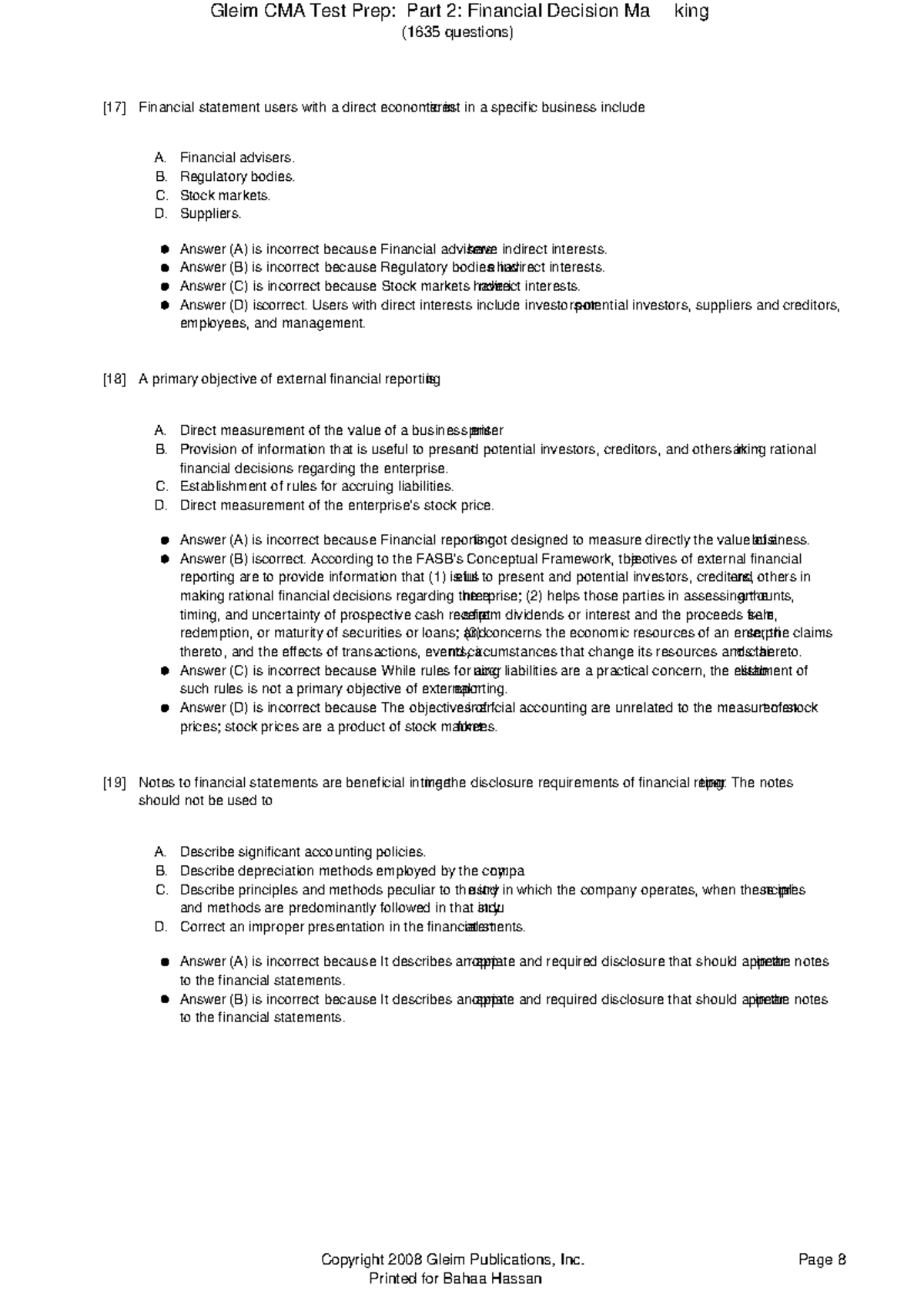 CMA USA Part 2 MCQ 1635 Gleim -7 - [17] Financial statement users with ...