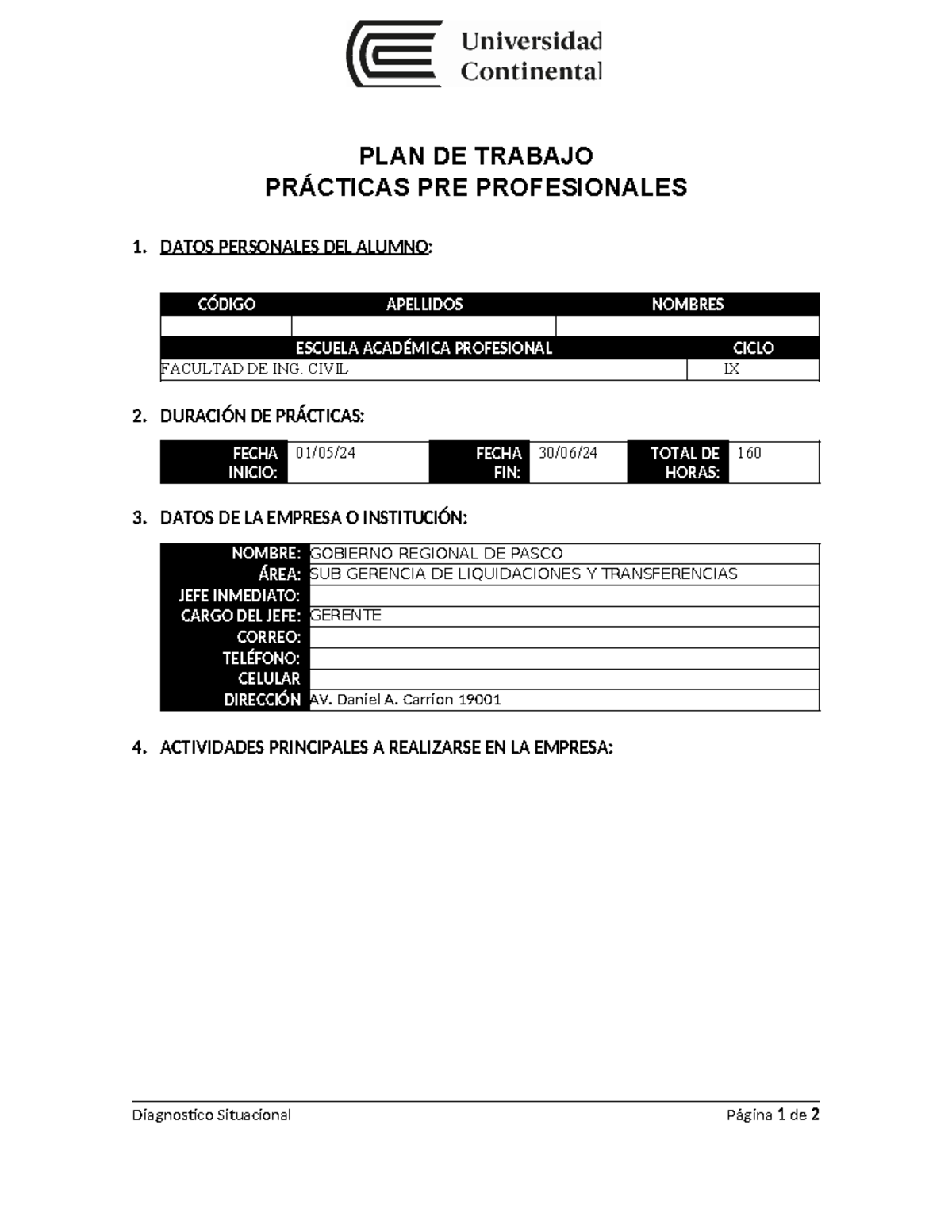 Plan de Trabajo pre profesional - PLAN DE TRABAJO PRÁCTICAS PRE ...