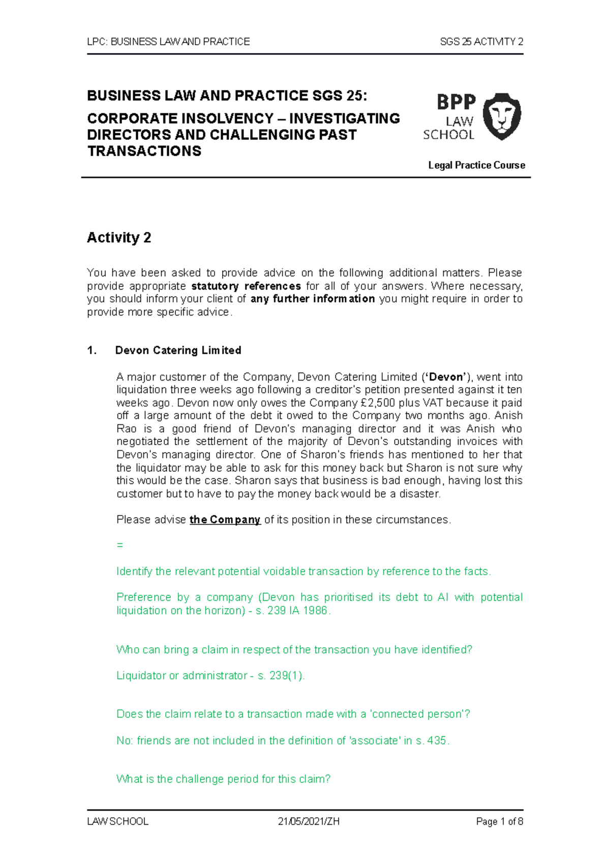 SGS 25 Activity 2 - Matt Roden - LPC: BUSINESS LAW AND PRACTICE SGS 25 ACTIVITY 2 BUSINESS LAW ...
