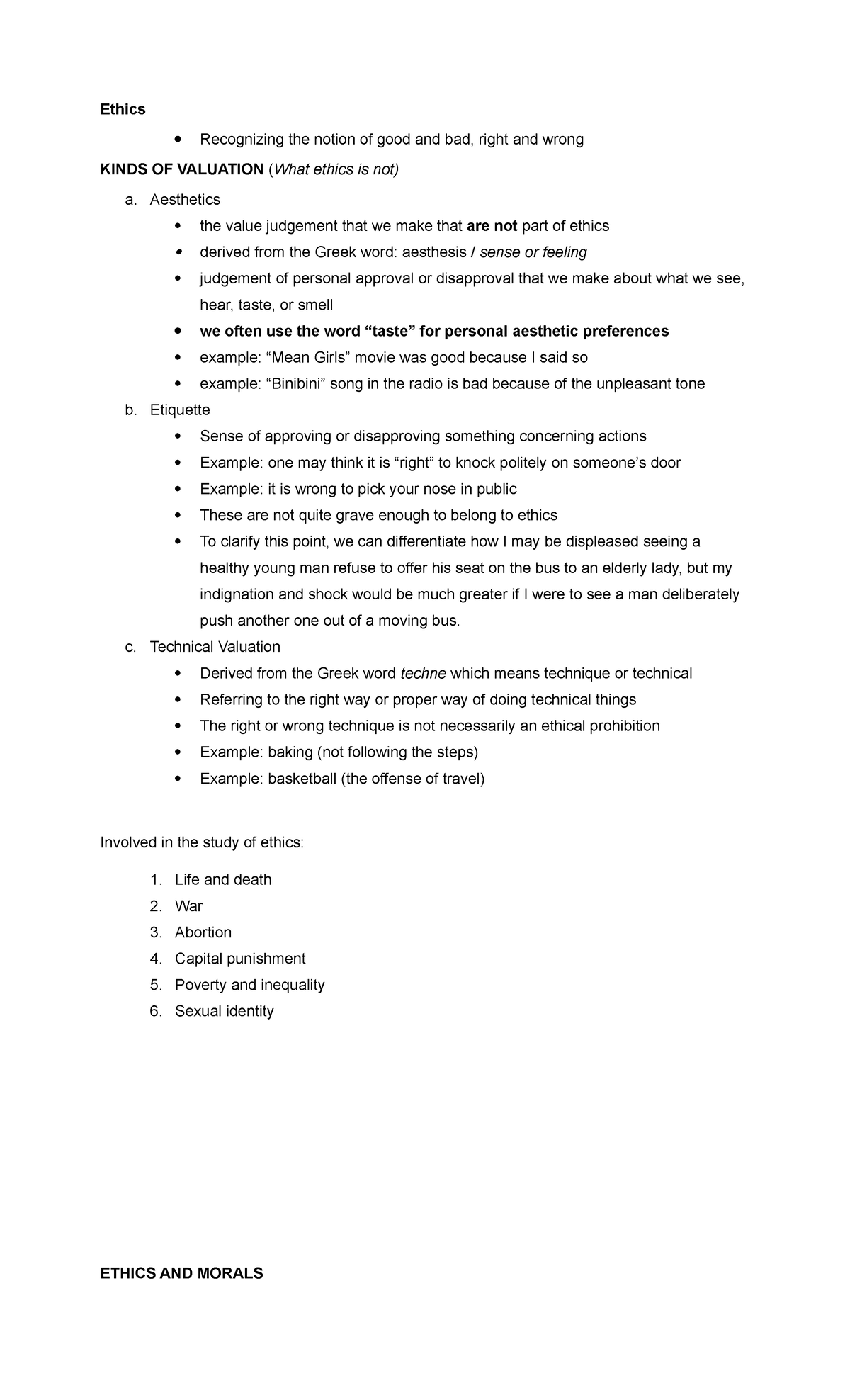 Morality and Ethics notes - Ethics Recognizing the notion of good and ...