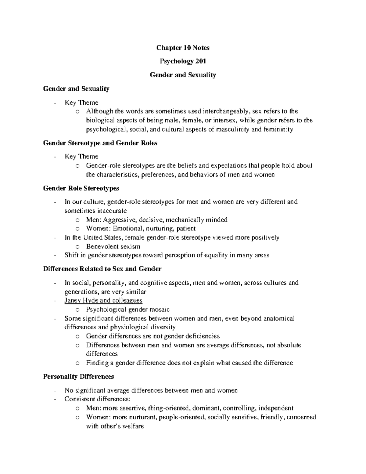 Chapter 10 Lecture Notes Psyc 201 Chapter 10 Notes Psychology 201 Gender And Sexuality Gender