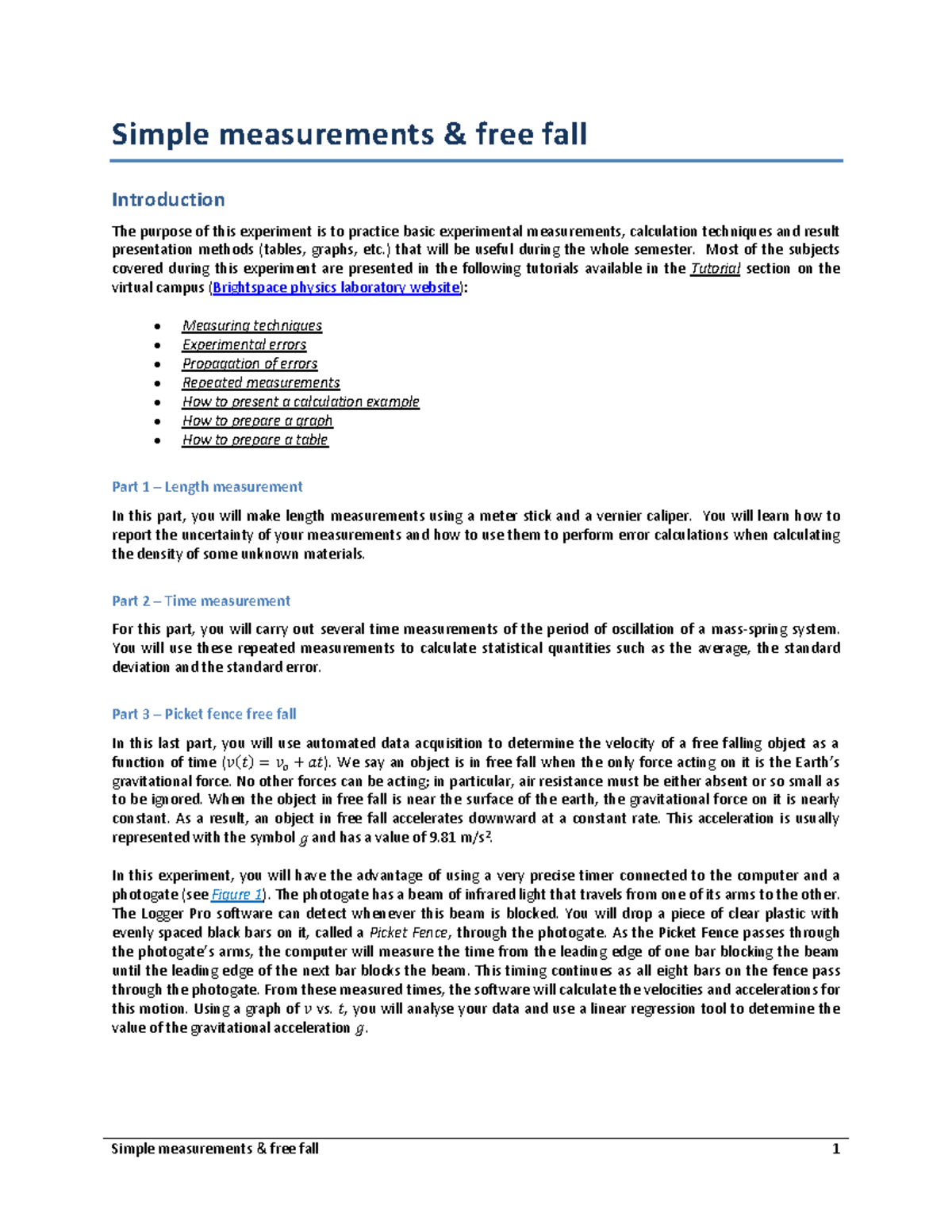 Simple measurements & Free fall - Manual - Simple measurements & free ...