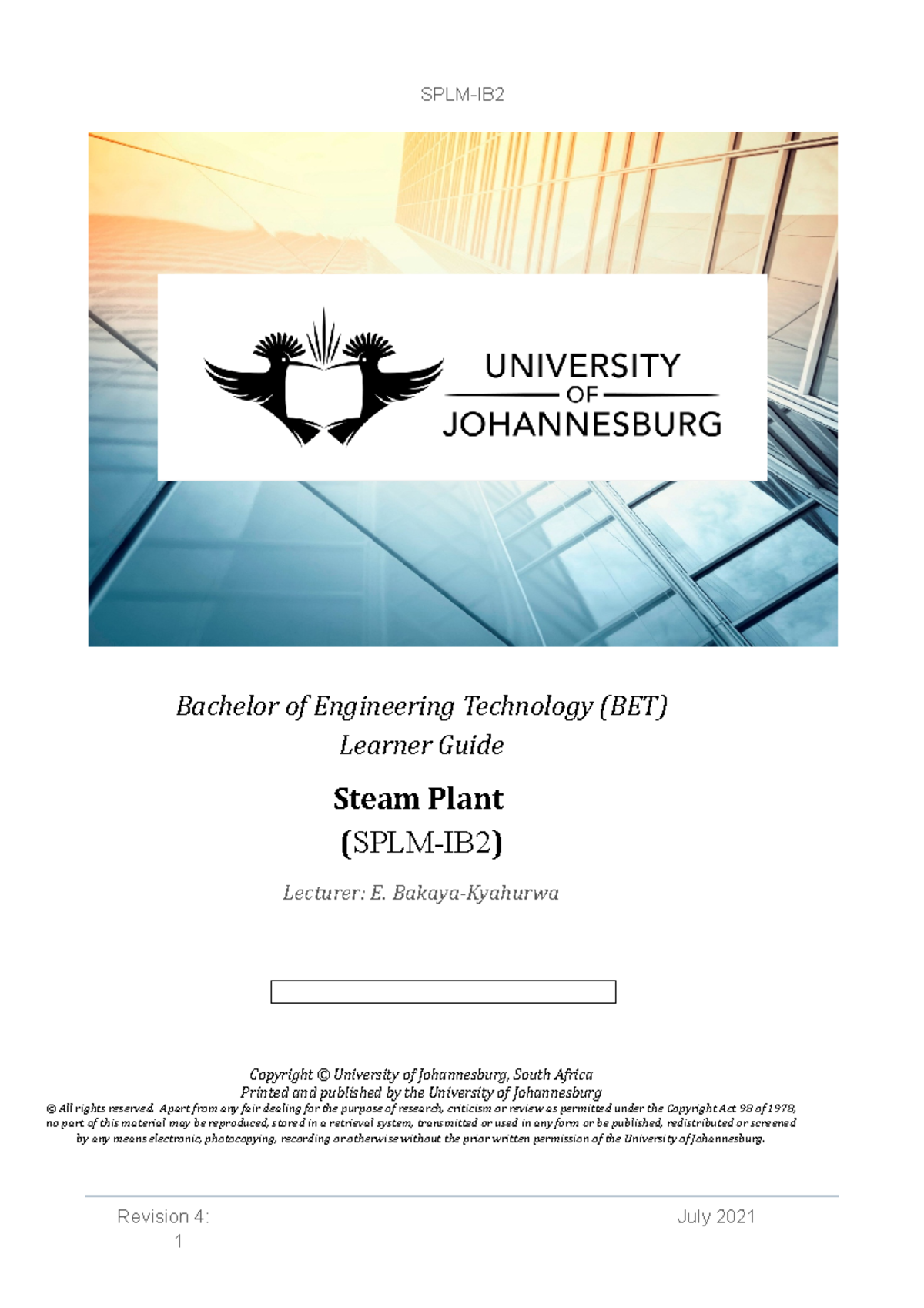 Study Guide Steam Plant - 2020 SPLM1B2 - TRD2B21 - UJ - Studocu