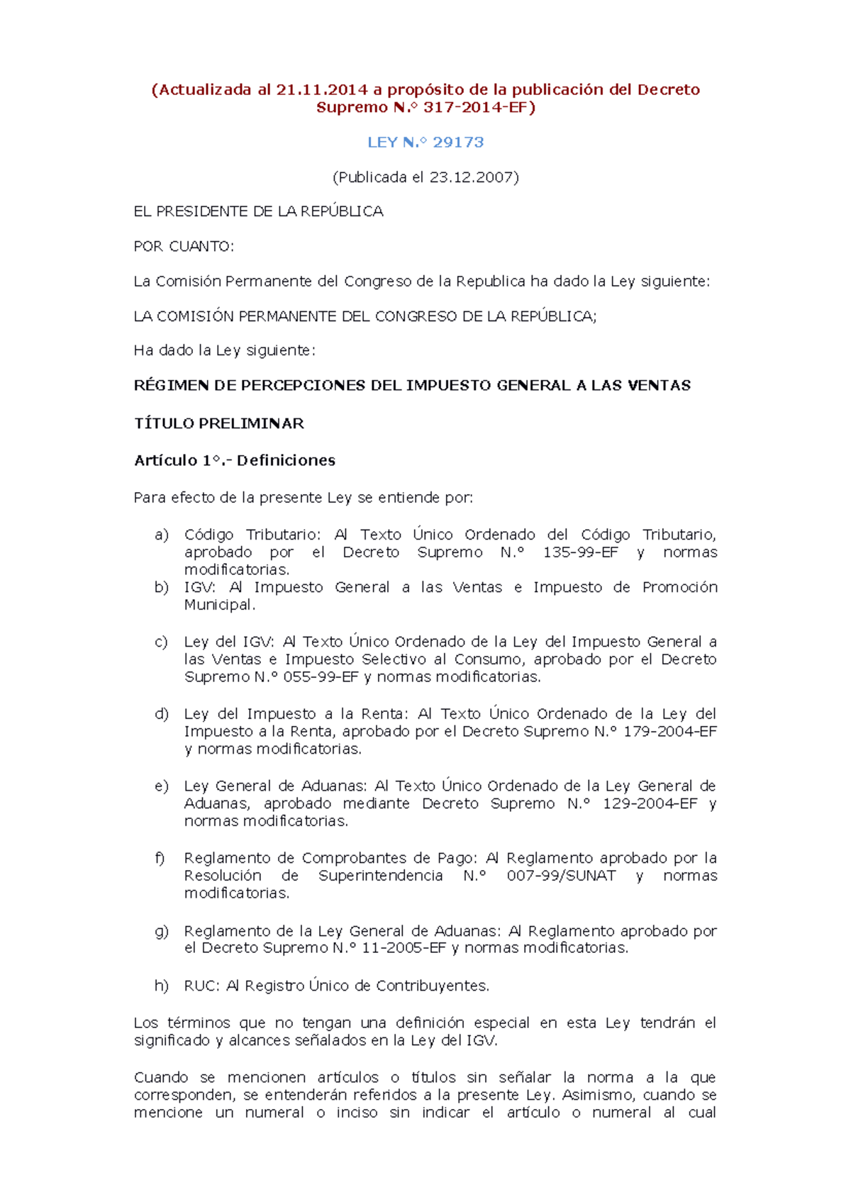 Ley-29173 - (Actualizada al 21.11 a propósito de la publicación del ...