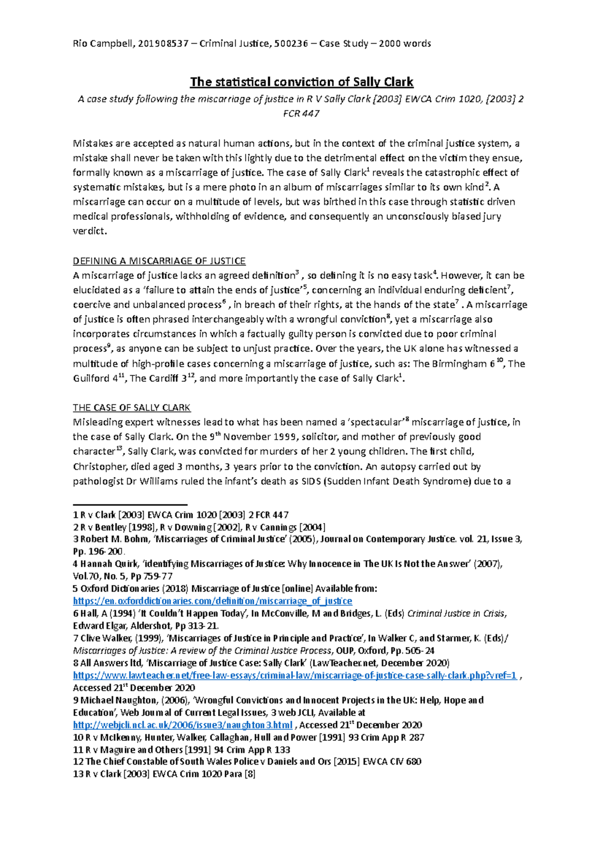 Case study for criminal law - The statistical conviction of Sally Clark ...