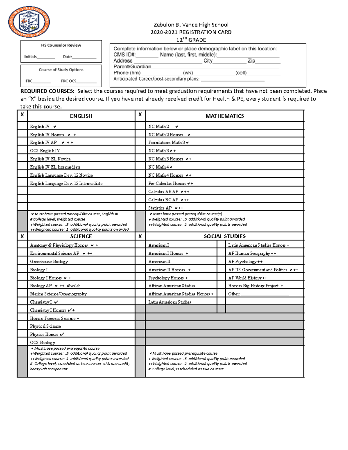 2020-2021 12th Grade Course Selection - Zebulon B. Vance High School ...