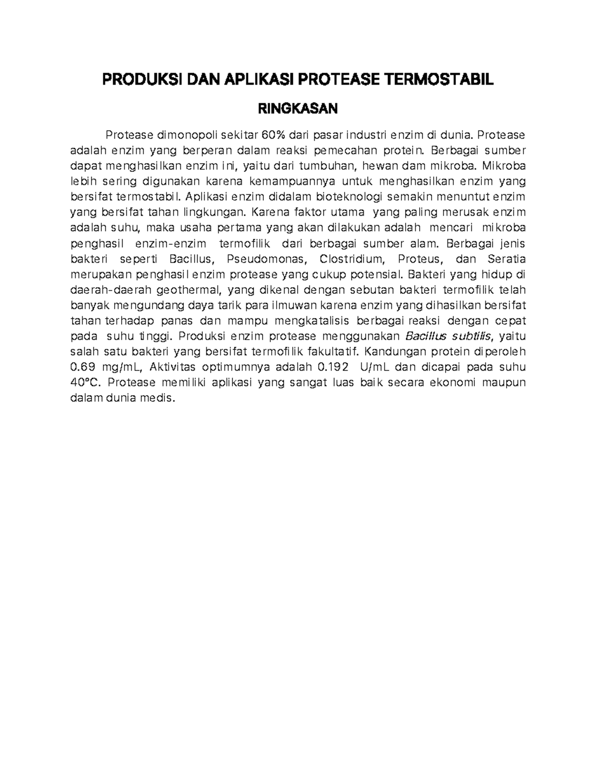 Enzim Protease Termostabil - PRODUKSI DAN APLIKASI PROTEASE TERMOSTABIL ...