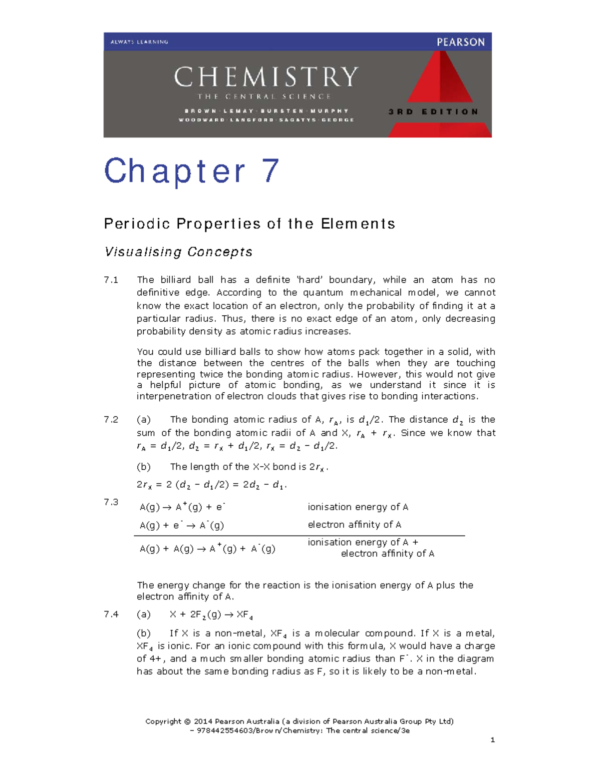 Au esm brown chemistry 3 sol CH07 - Copyright © 2014 Pearson Australia ...