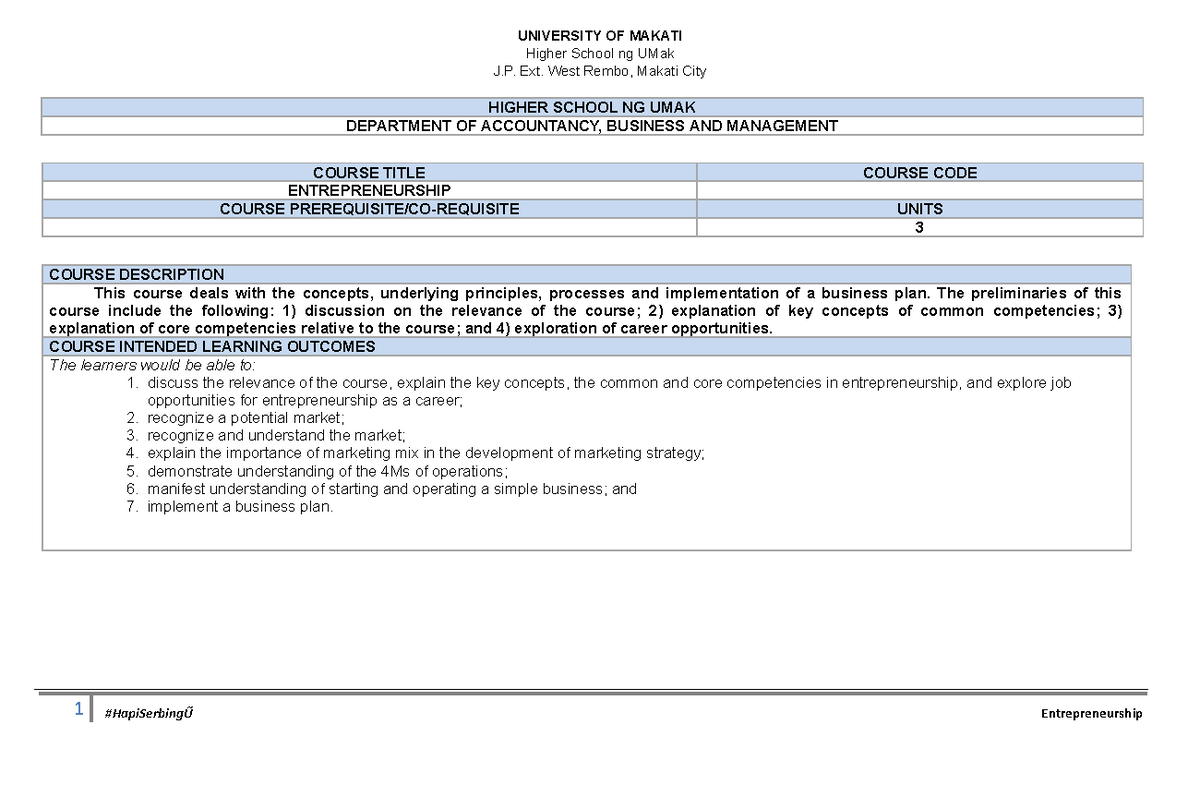 Entrepreneurship- Course- Syllabus - Higher School ng UMak J. Ext. West ...