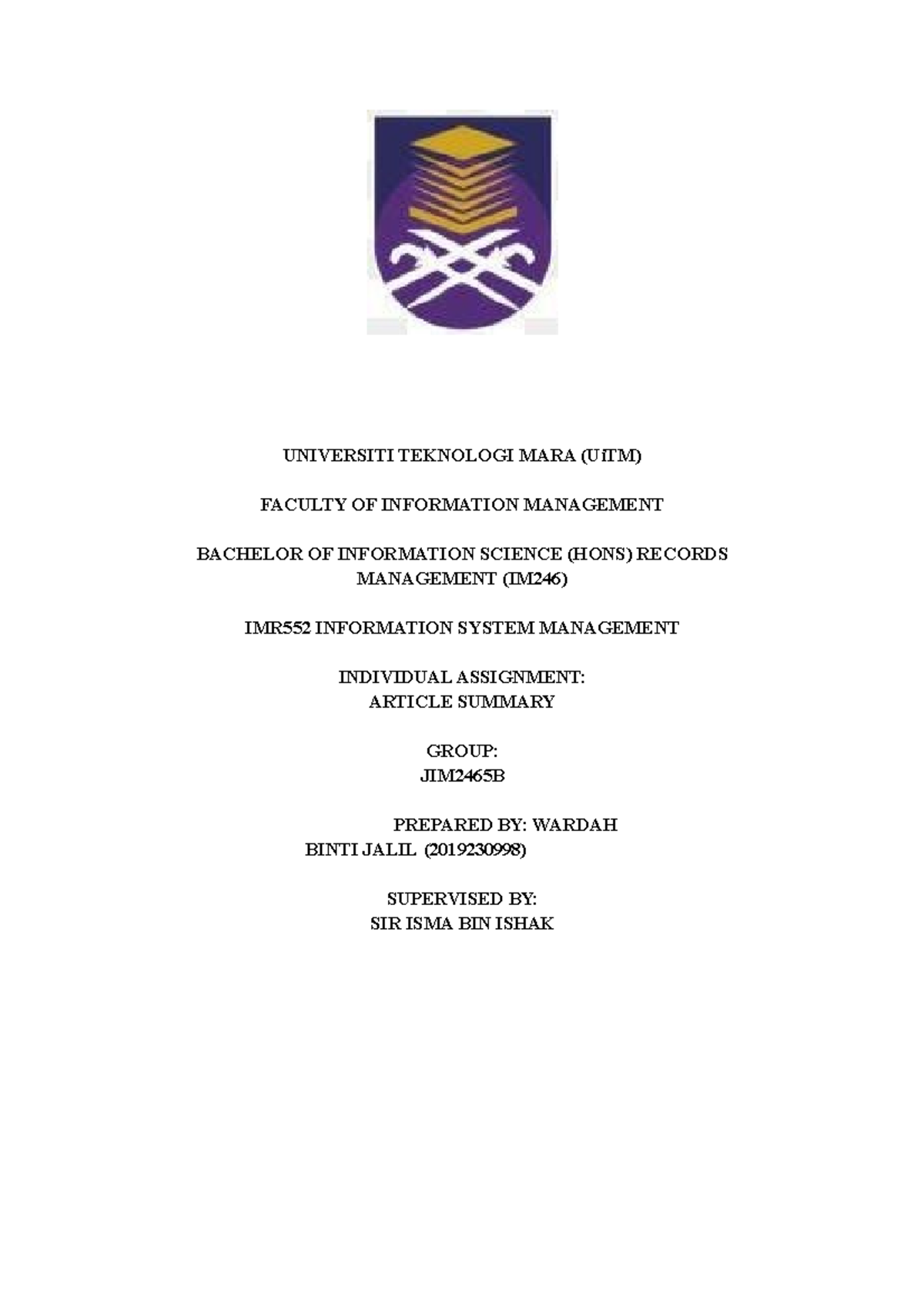 Article Summary - assignment - UNIVERSITI TEKNOLOGI MARA (UiTM) FACULTY ...