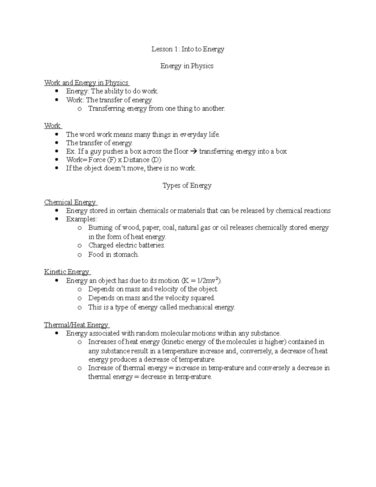 PHYS 273 - Midterm Notes - Lesson 1: Into to Energy Energy in Physics ...